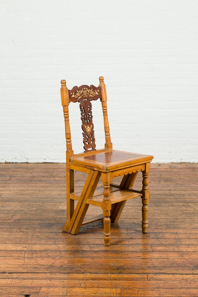 Indian Vintage Metamorphic Step Ladder Carved Chair with Mother of ...