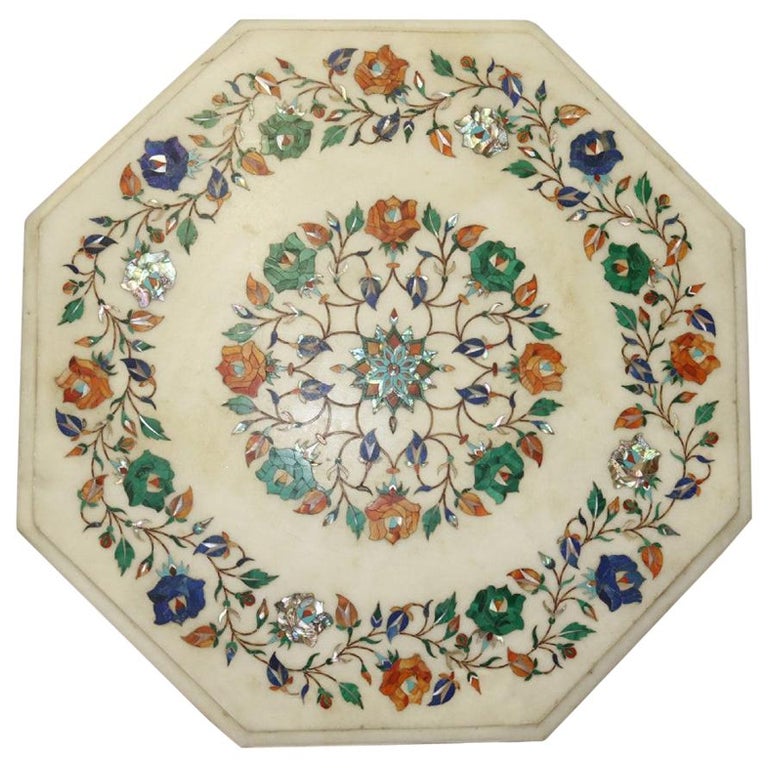 Indian White Marble Table Top Inlaid with a Floral Design in ...