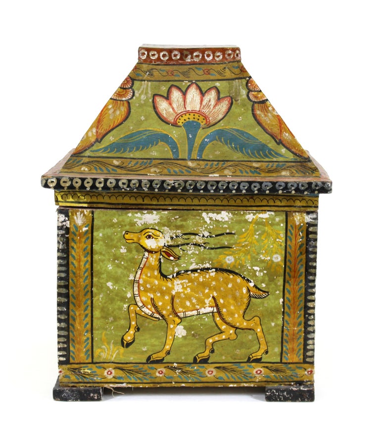 Indian Wood Box with Painted Animal Scenes at 1stDibs