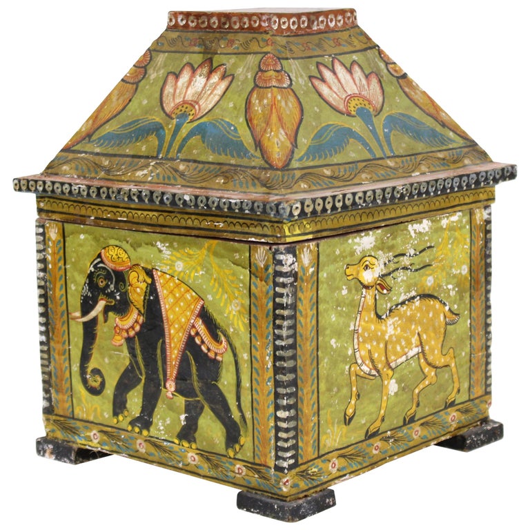 Indian Wood Box with Painted Animal Scenes at 1stDibs