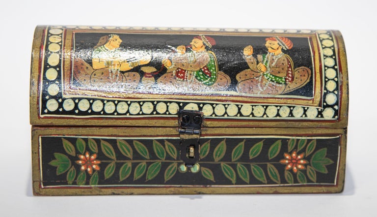 Indian Wood Pen Box with Hand Painted Figural Scenes For Sale at 1stDibs