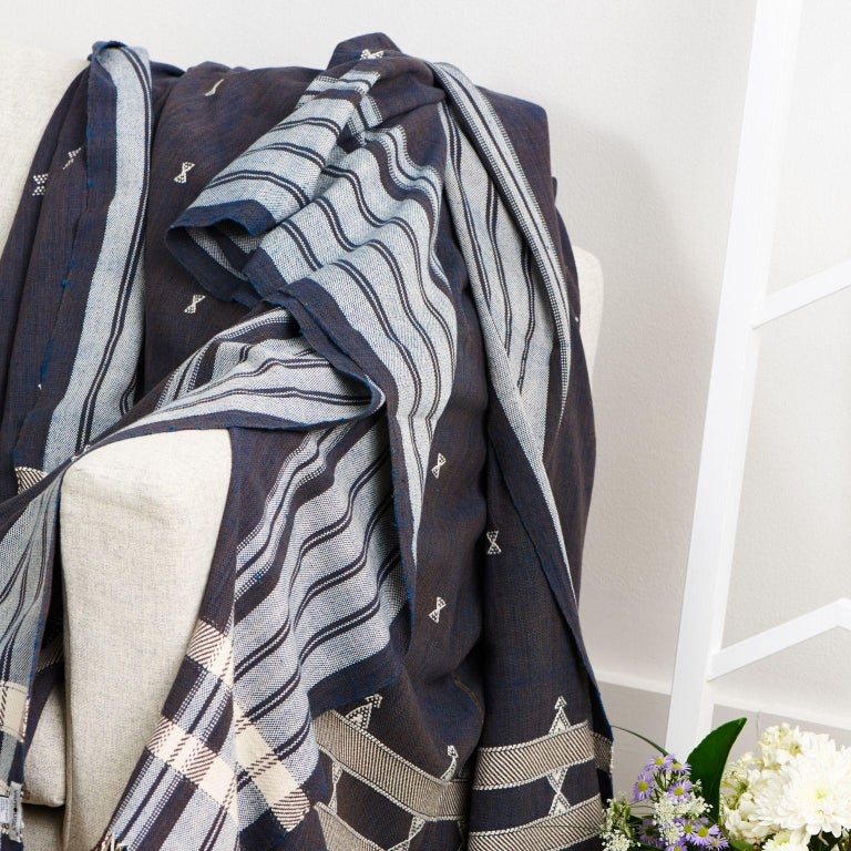 Indie Throw In Indigo , Minimal Geometric Motifs Hand-woven In Organic ...