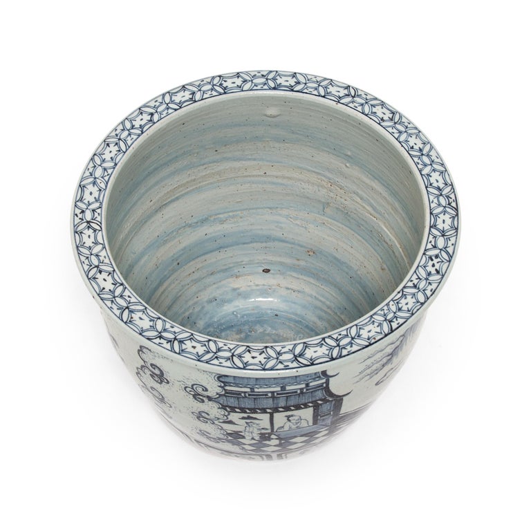 Chinese Indigo Blue and White Scroll Jar For Sale at 1stDibs