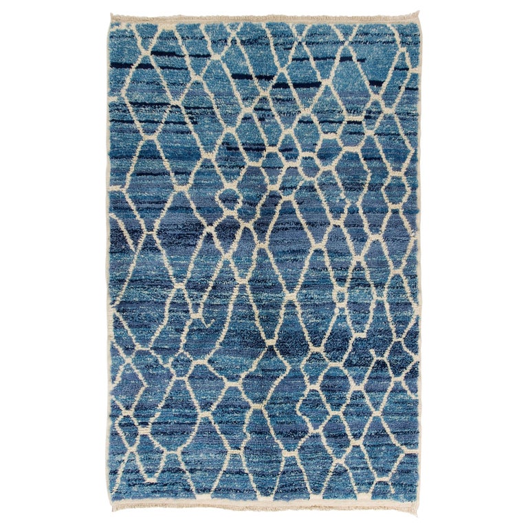 5x8 Ft Contemporary Handmade Moroccan Rug in Blue. 100% Wool. Custom ...