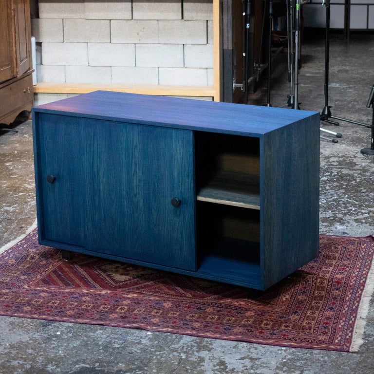 Indigo Blue Oak Aquinas Sliding Door Cabinet For Sale at 1stDibs