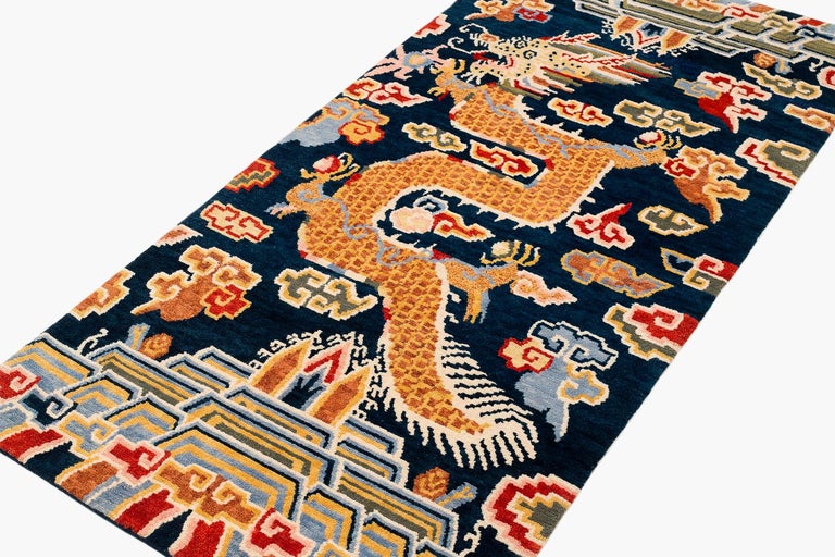Indigo Blue, Red, Green, Orange Wool Tibetan Dragon Area Rug For Sale ...