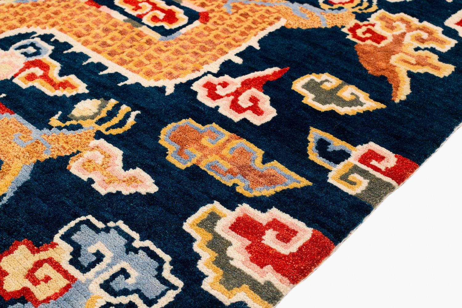 Indigo Blue, Red, Green, Orange Wool Tibetan Dragon Area Rug For Sale ...