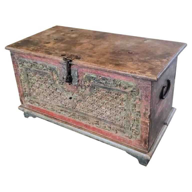 Indonesian Antique Carved and Painted Storage Trunk For Sale at 1stDibs