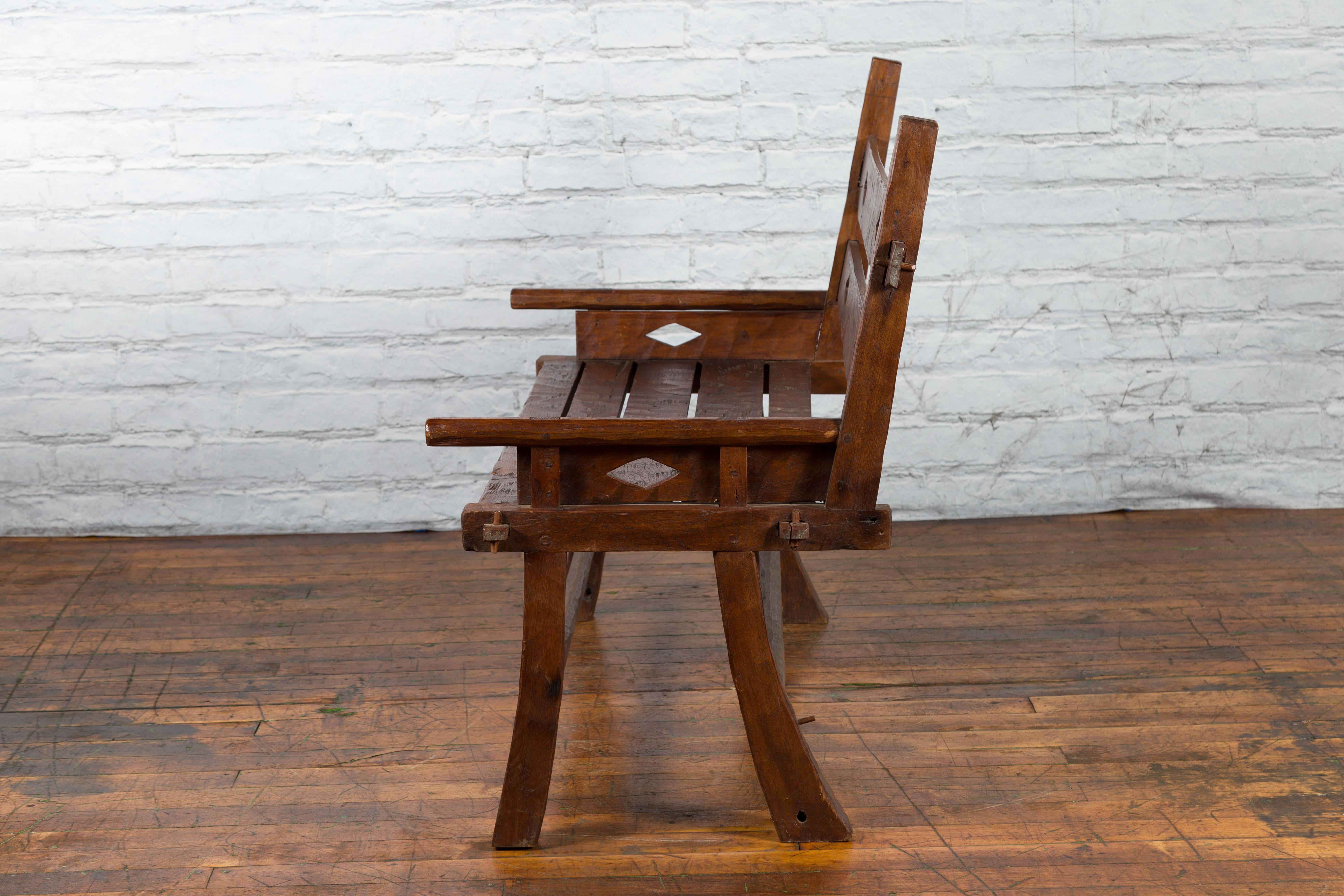 Indonesian Teak Wood Rustic Bench with Pierced Diamond Motifs and ...