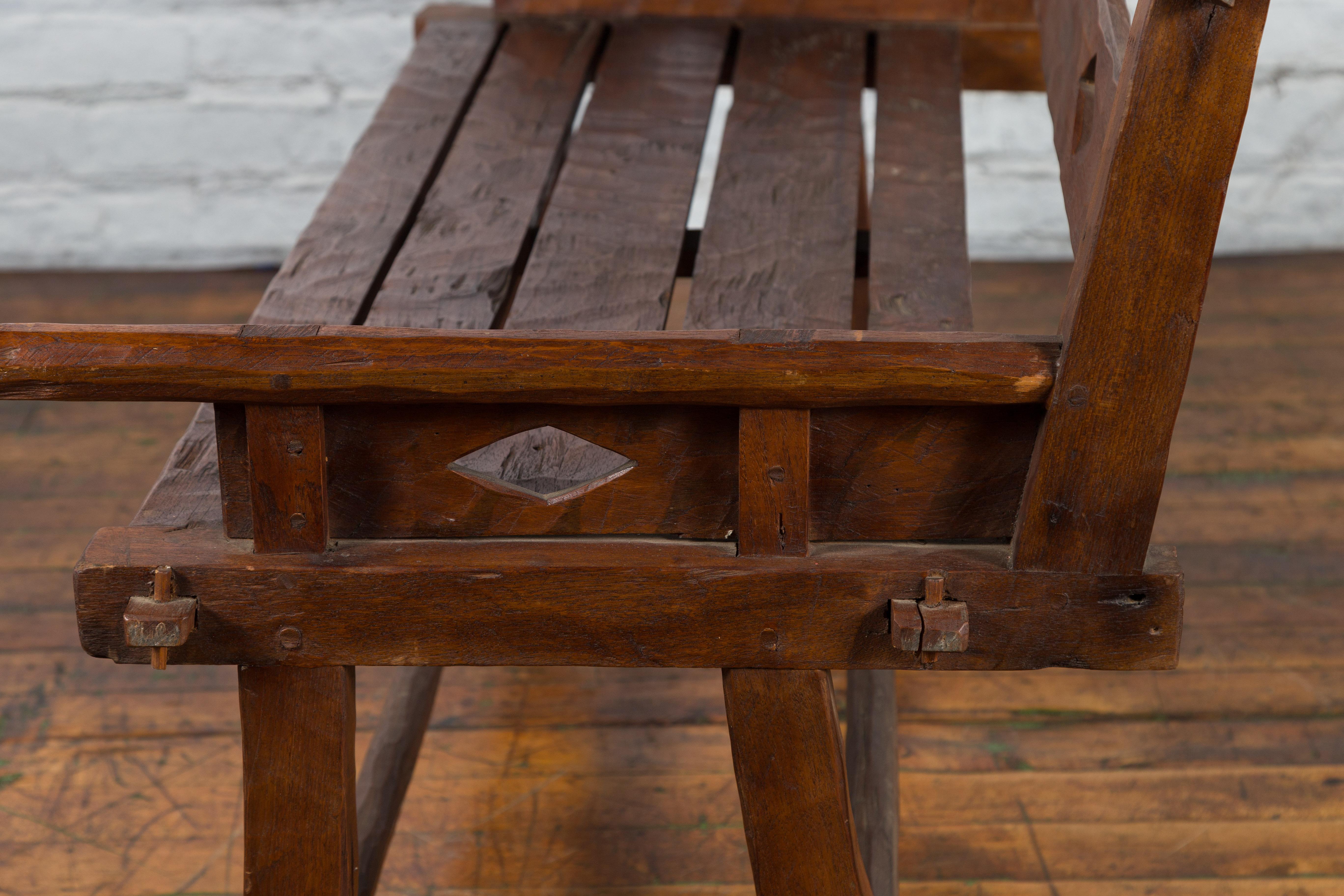 Indonesian Teak Wood Rustic Bench with Pierced Diamond Motifs and ...