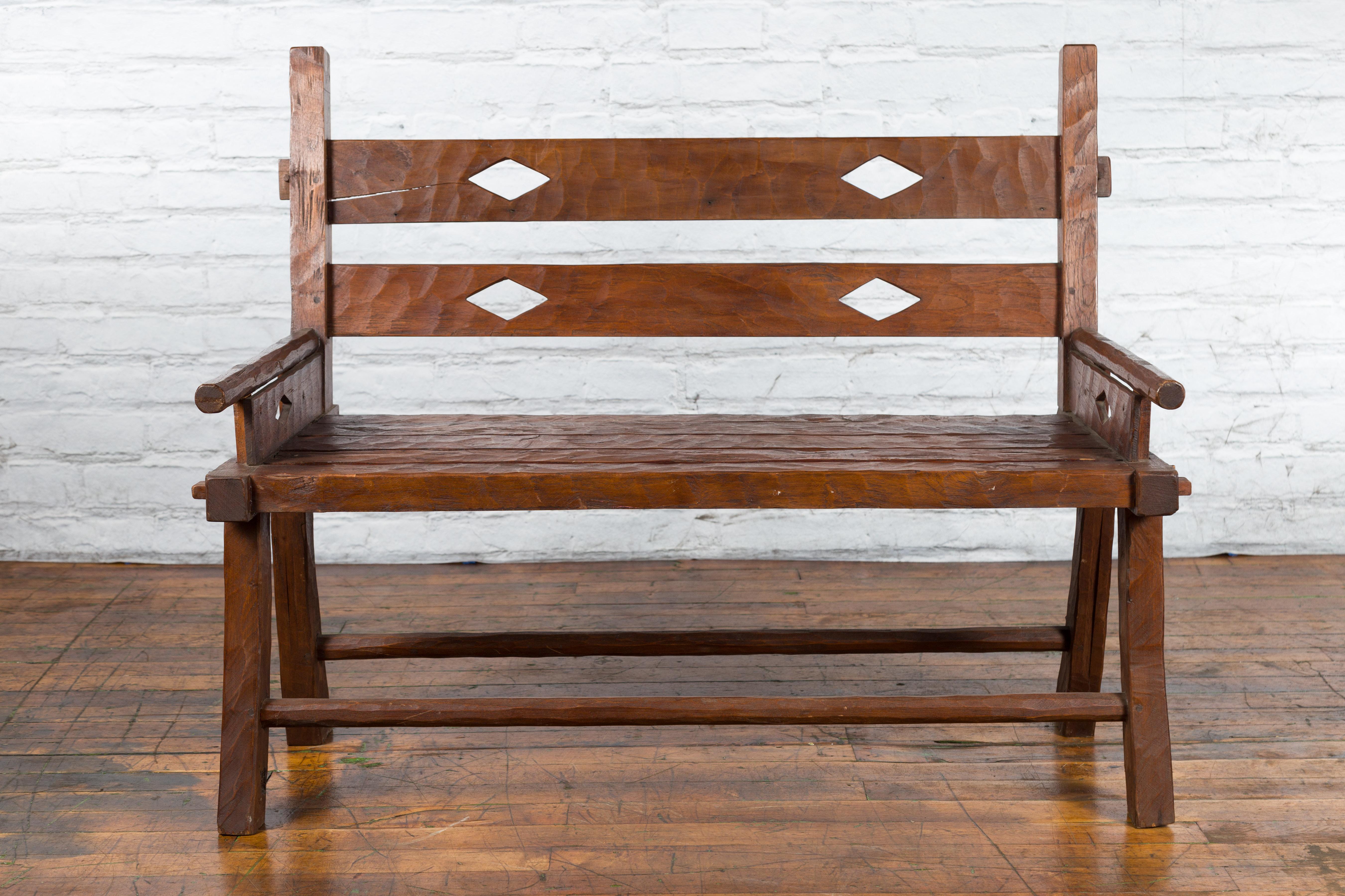 Indonesian Teak Wood Rustic Bench with Pierced Diamond Motifs and ...