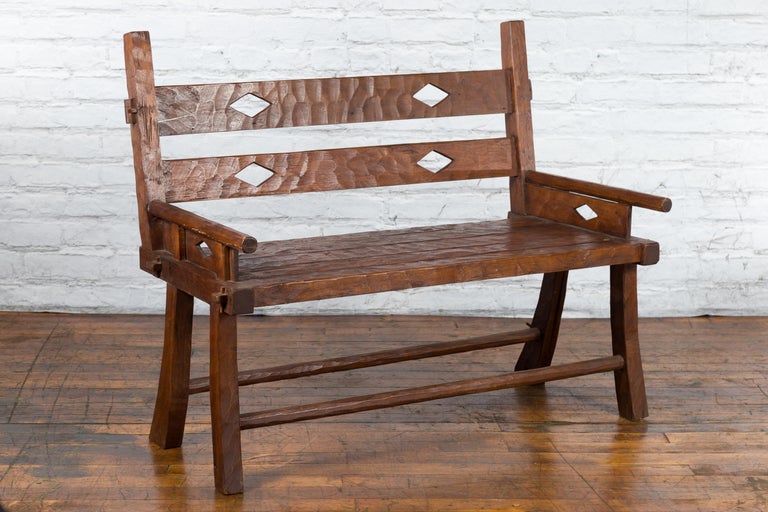 Indonesian Teak Wood Rustic Bench with Pierced Diamond Motifs and ...