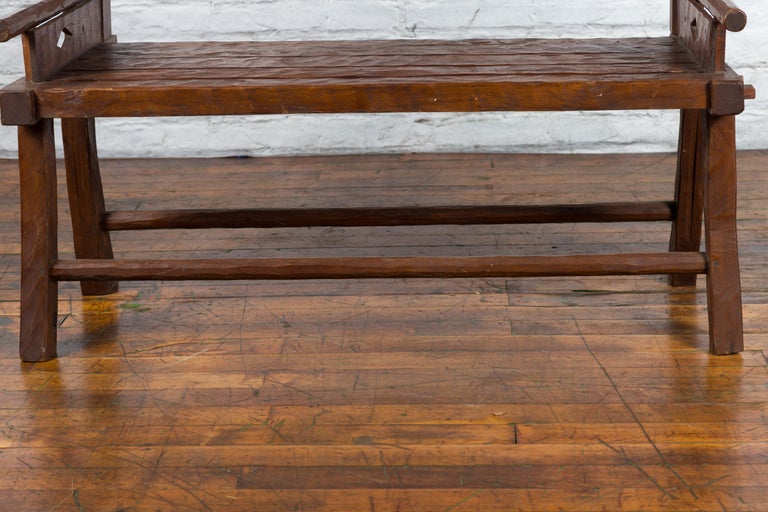 Indonesian Teak Wood Rustic Bench with Pierced Diamond Motifs and ...