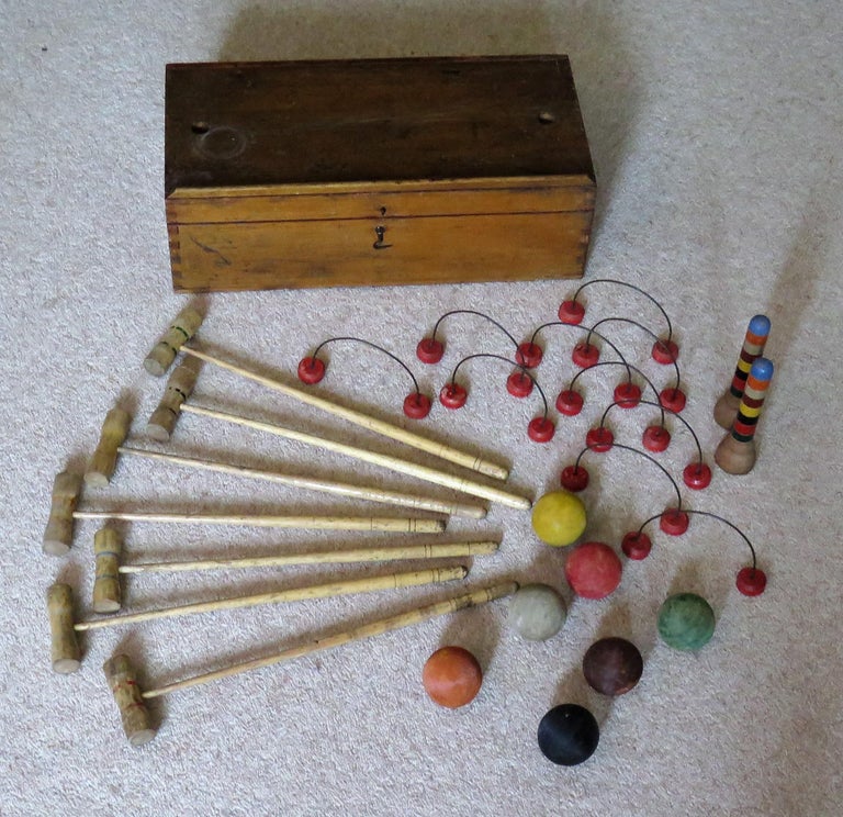 Indoor Croquet Set Game for 7 Players in Jointed Wood Box, Early 20th ...
