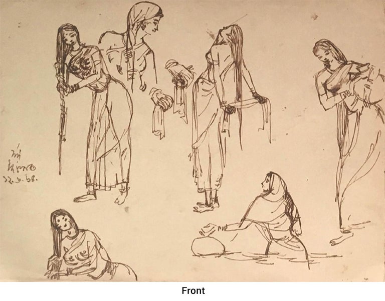 Indra Dugar - Bath, Woman bathing, Houses, Ink on paper by Modern ...