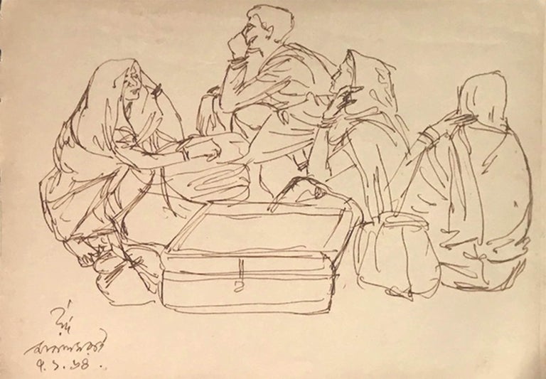 Indra Dugar - Indian Rural Scene, Travelers, Luggage, Ink on Paper by ...