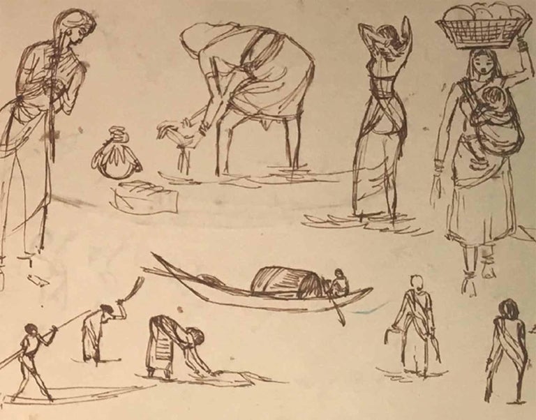 Indra Dugar - Rare work of Indian Women, River, Boat, Ink on Paper by ...