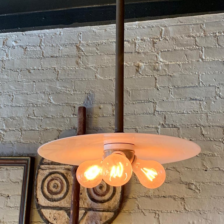 Industrial 3 Bulb Milk Glass Disc Pendant Light For Sale at 1stDibs