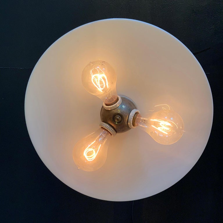 Industrial 3 Bulb Milk Glass Disc Pendant Light For Sale at 1stDibs