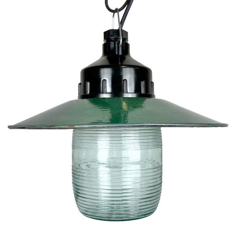 Industrial Bakelite Green Enamel Pendant Light with Ribbed Glass, 1970s ...