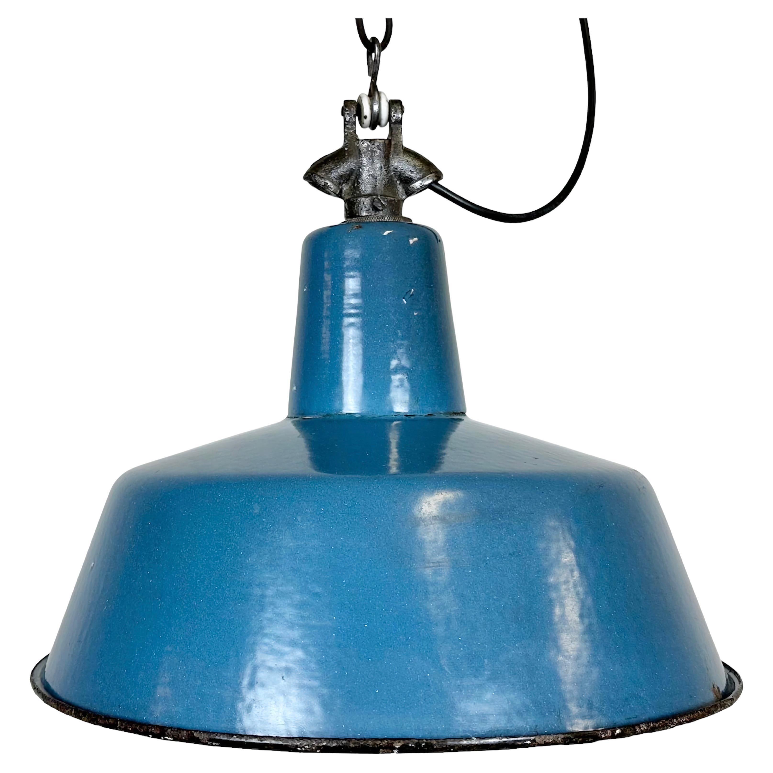 Industrial Blue Enamel Factory Lamp with Cast Iron Top, 1960s For Sale ...