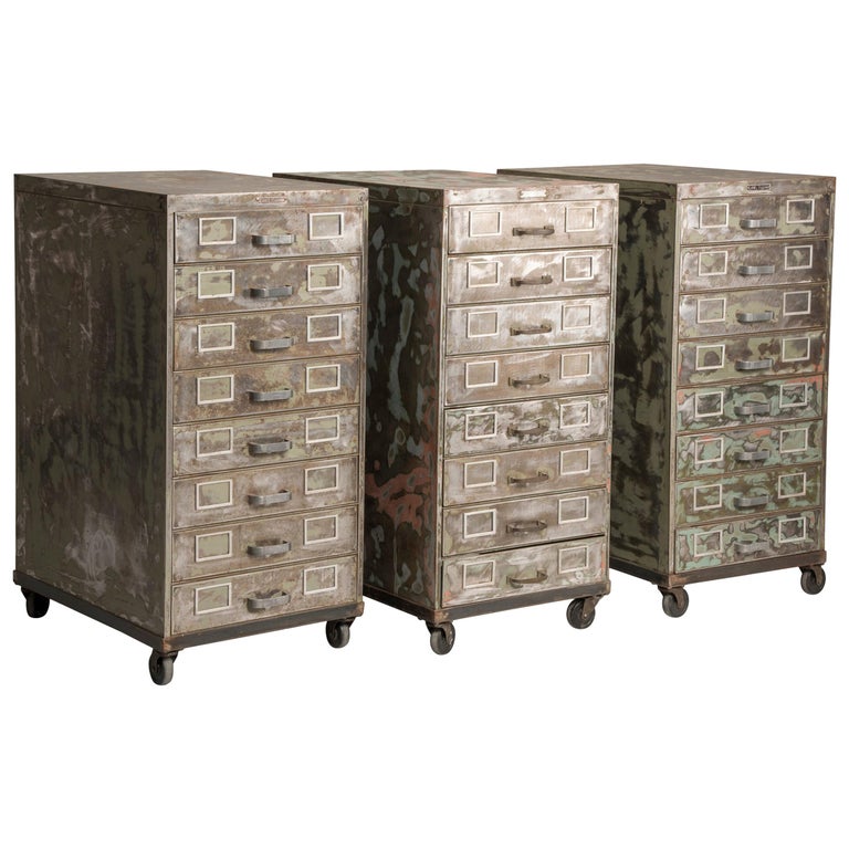 Industrial Brushed Steel Distressed Look Wheeled Filing 3 Cabinets with ...