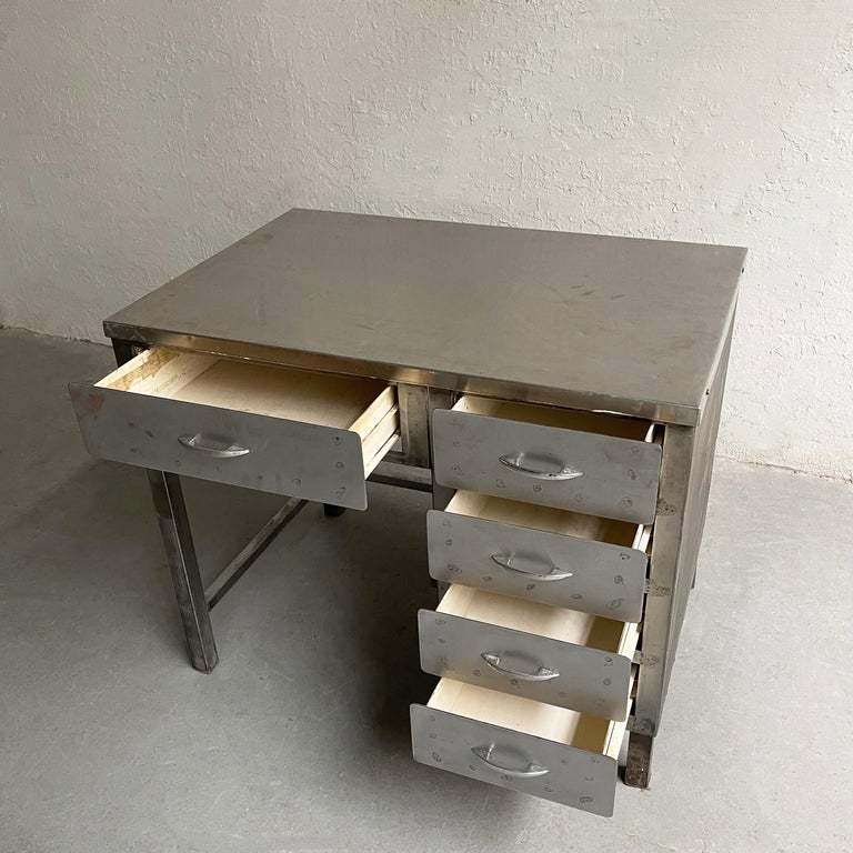 Industrial Brushed Steel Factory Desk For Sale at 1stDibs