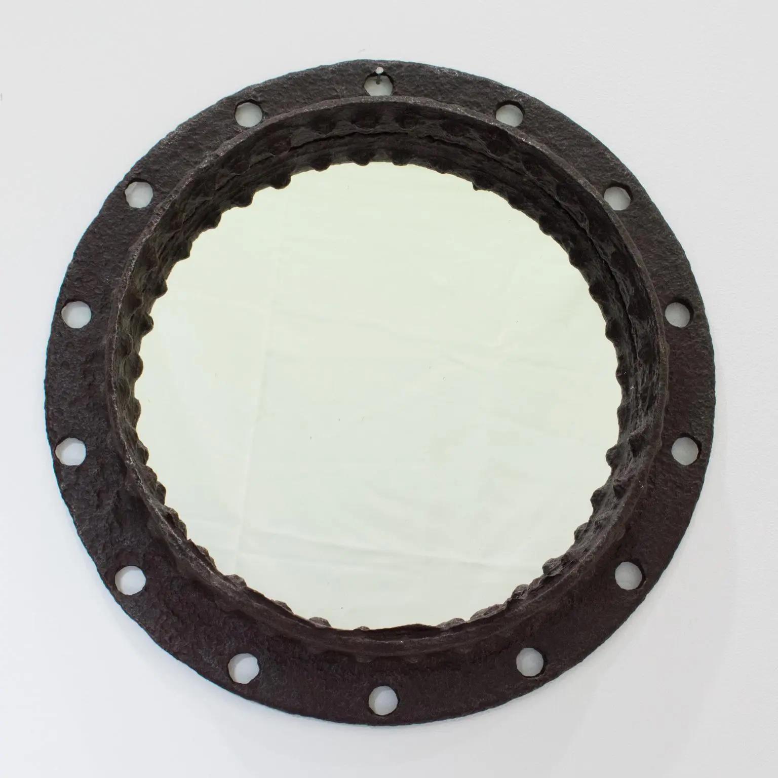 Industrial Brutalist Wrought Iron Porthole Mirror For Sale at 1stDibs