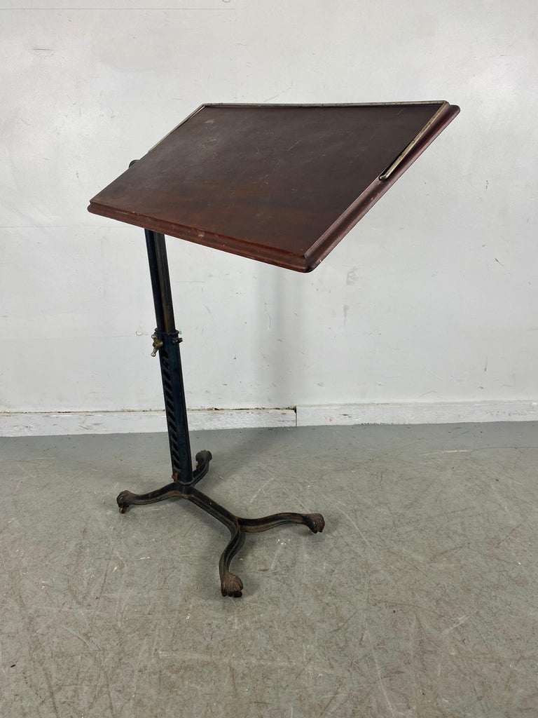Industrial Cast Iron and Wood Adjustable Drafting / Writing Table ...