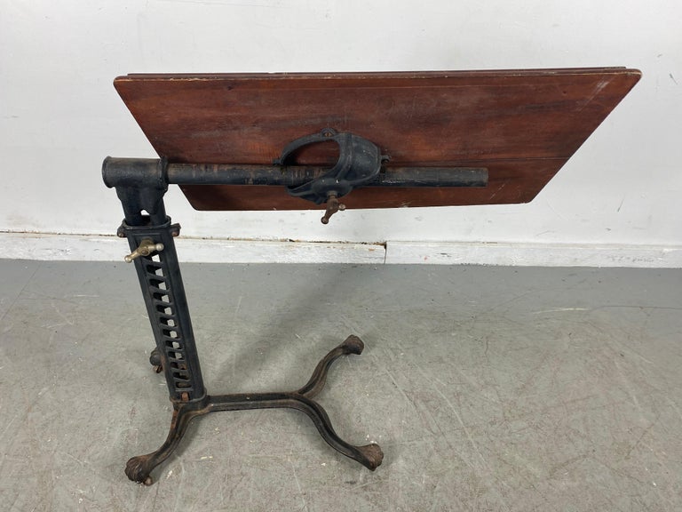 Industrial Cast Iron and Wood Adjustable Drafting / Writing Table ...