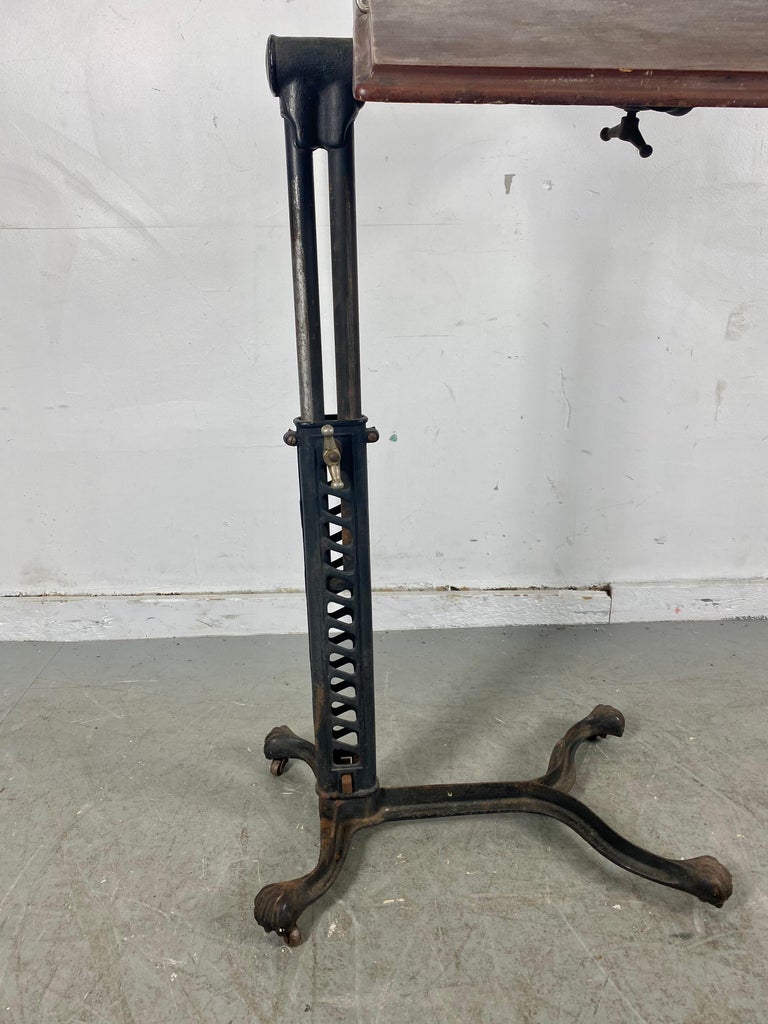 Industrial Cast Iron and Wood Adjustable Drafting / Writing Table ...