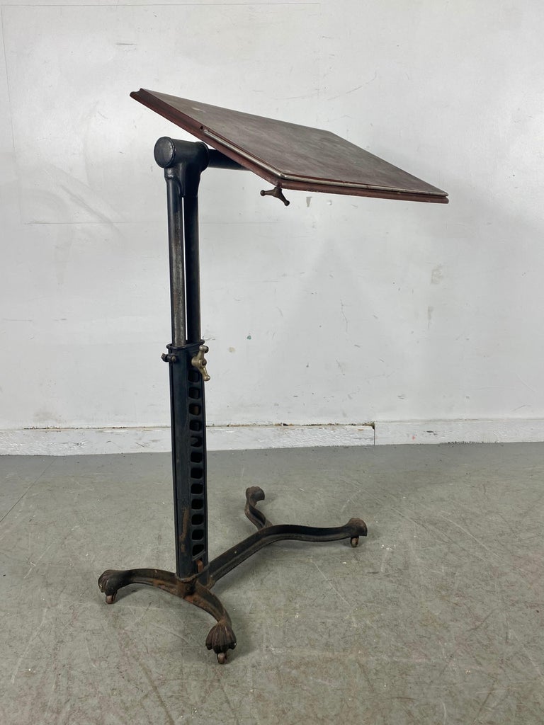 Industrial Cast Iron and Wood Adjustable Drafting / Writing Table ...