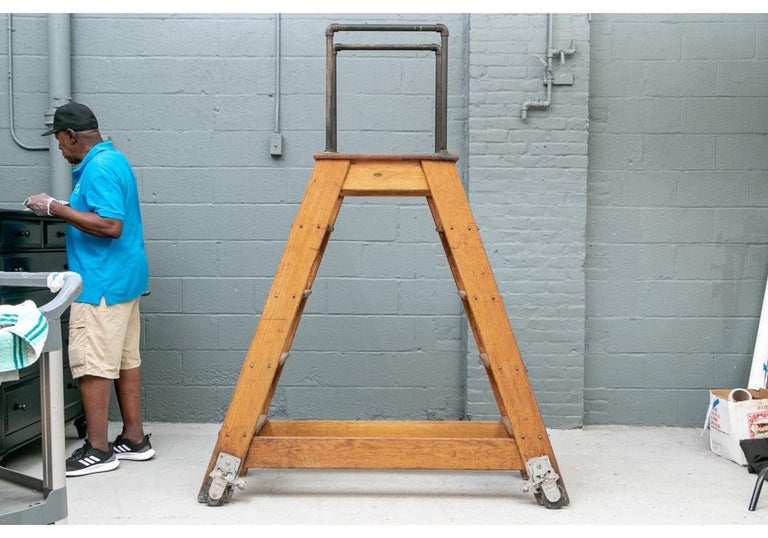 Industrial Era Wood Ladder with Tall Iron Pipe Handles For Sale at 1stDibs