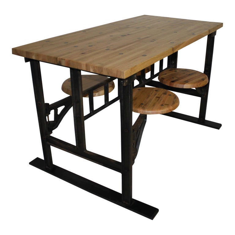 Industrial Factory Table with Four Swinging Seats at 1stDibs
