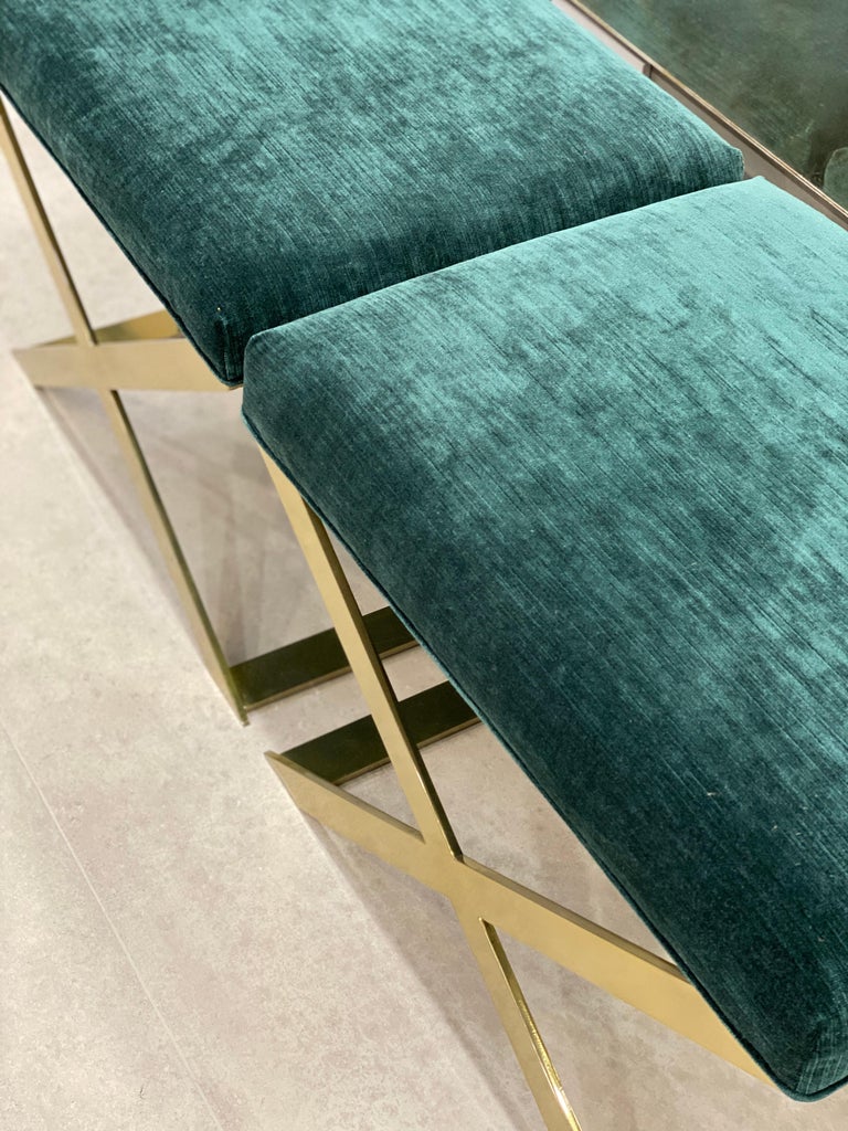 Industrial Glamour X-Leg Stool in Polished Brass plated and Teal Ribbed ...