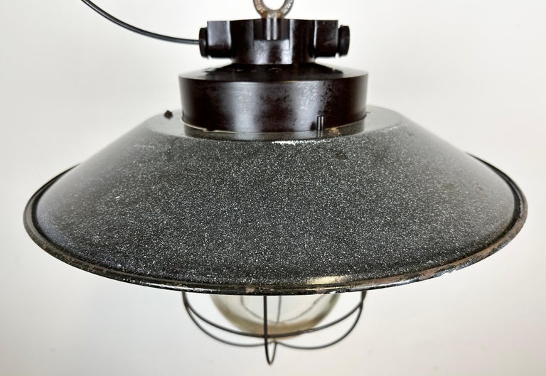 Industrial Grey Enamel Factory Hanging Cage Lamp, 1960s For Sale at 1stDibs