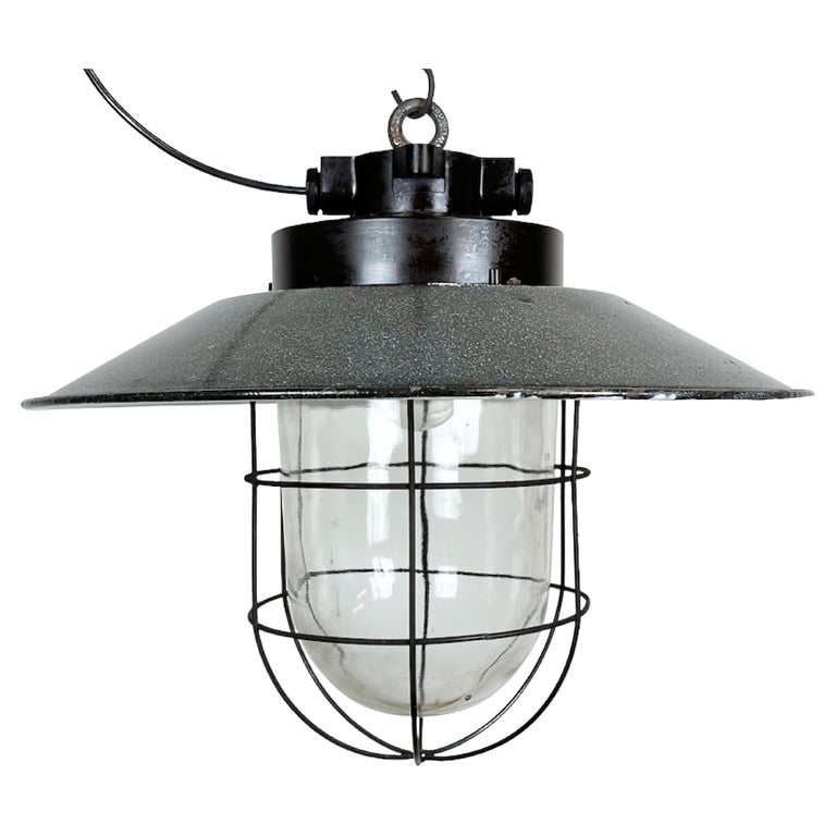 Industrial Grey Enamel Factory Hanging Cage Lamp, 1960s For Sale at 1stDibs