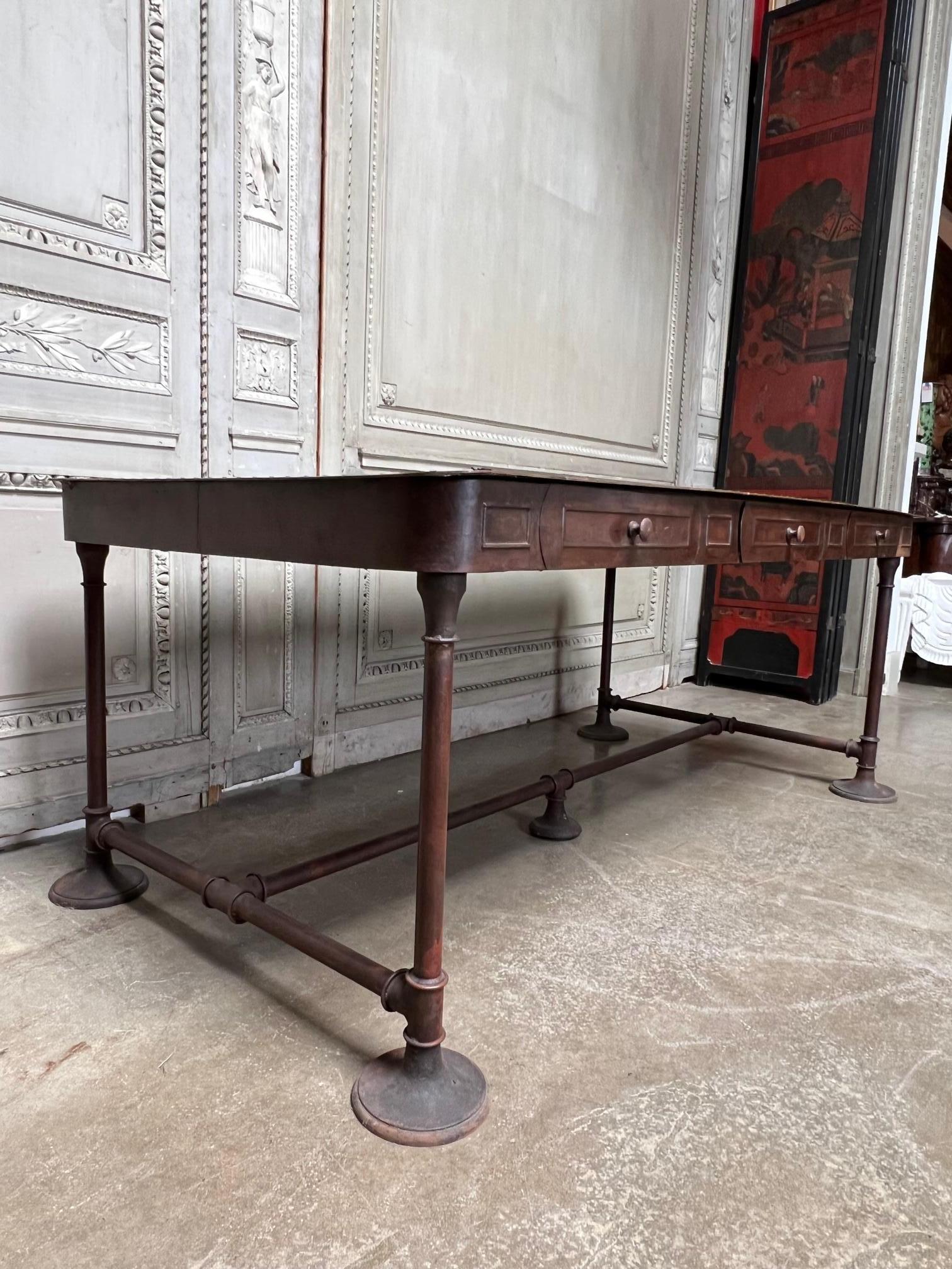 Industrial Iron Desk Work Table with a Brass Top at 1stDibs