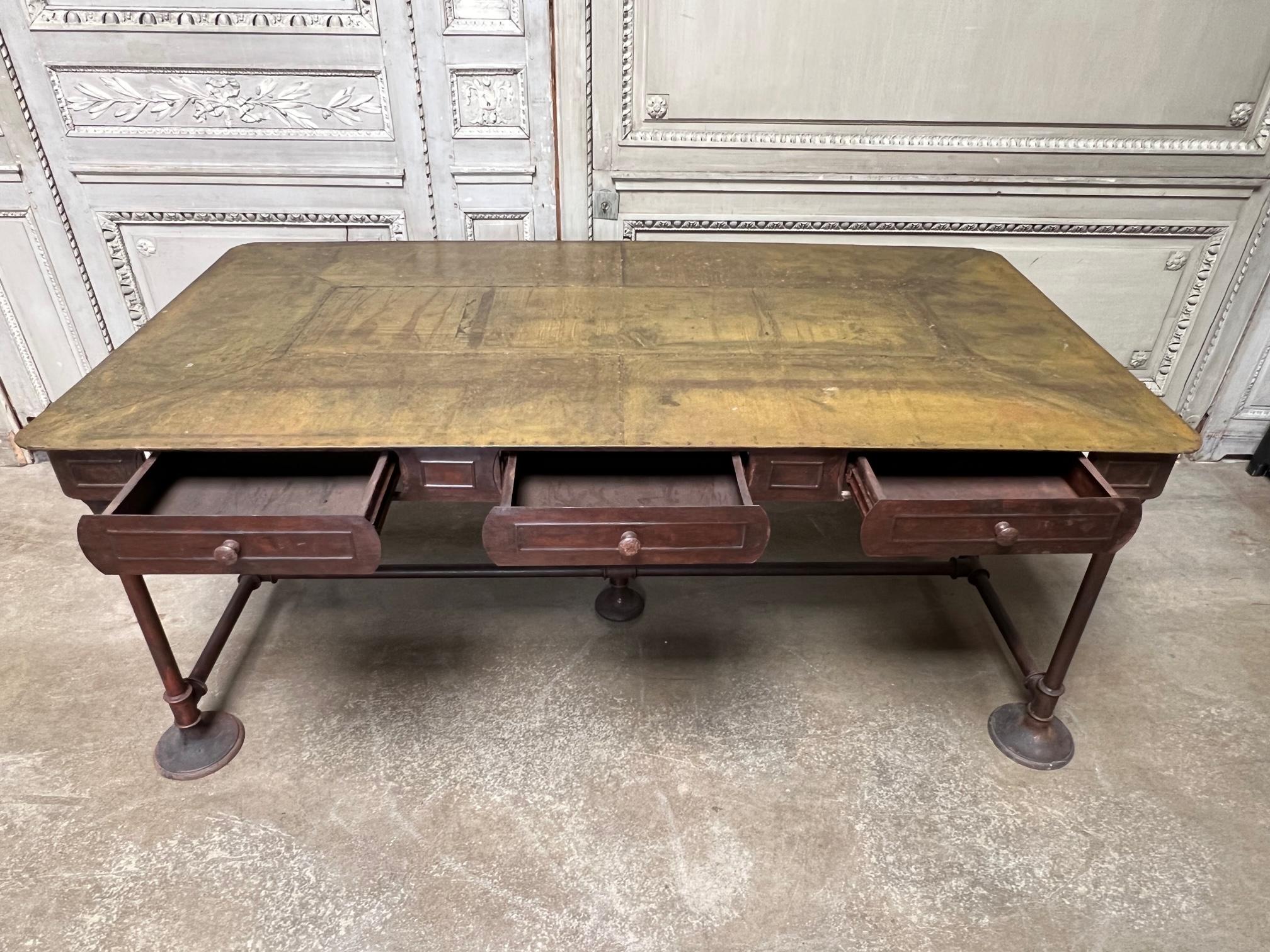 Industrial Iron Desk Work Table with a Brass Top at 1stDibs