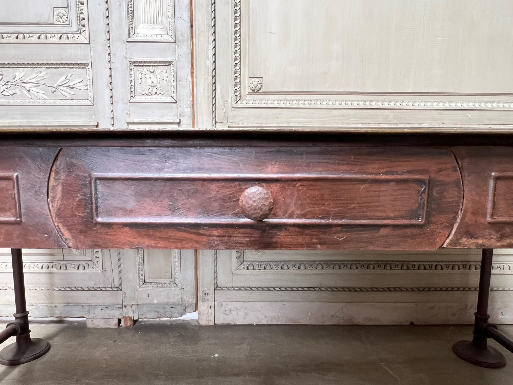 Industrial Iron Desk Work Table with a Brass Top at 1stDibs