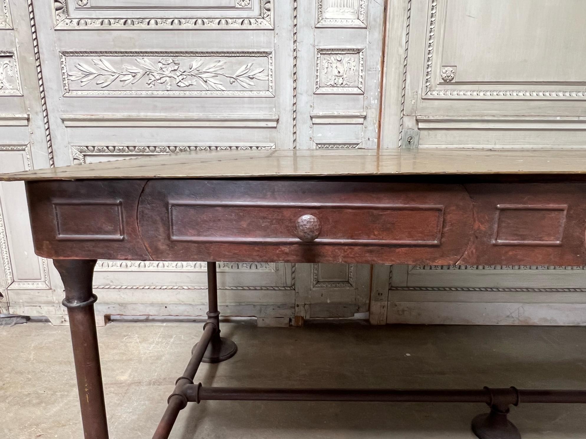 Industrial Iron Desk Work Table with a Brass Top at 1stDibs