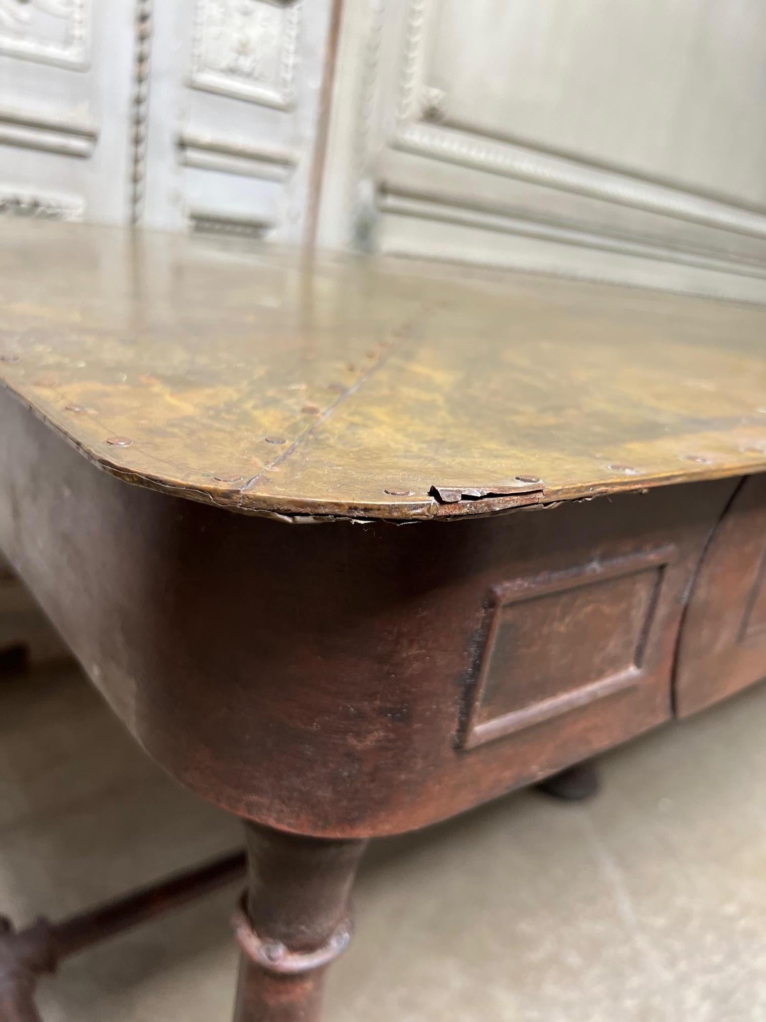 Industrial Iron Desk Work Table with a Brass Top at 1stDibs