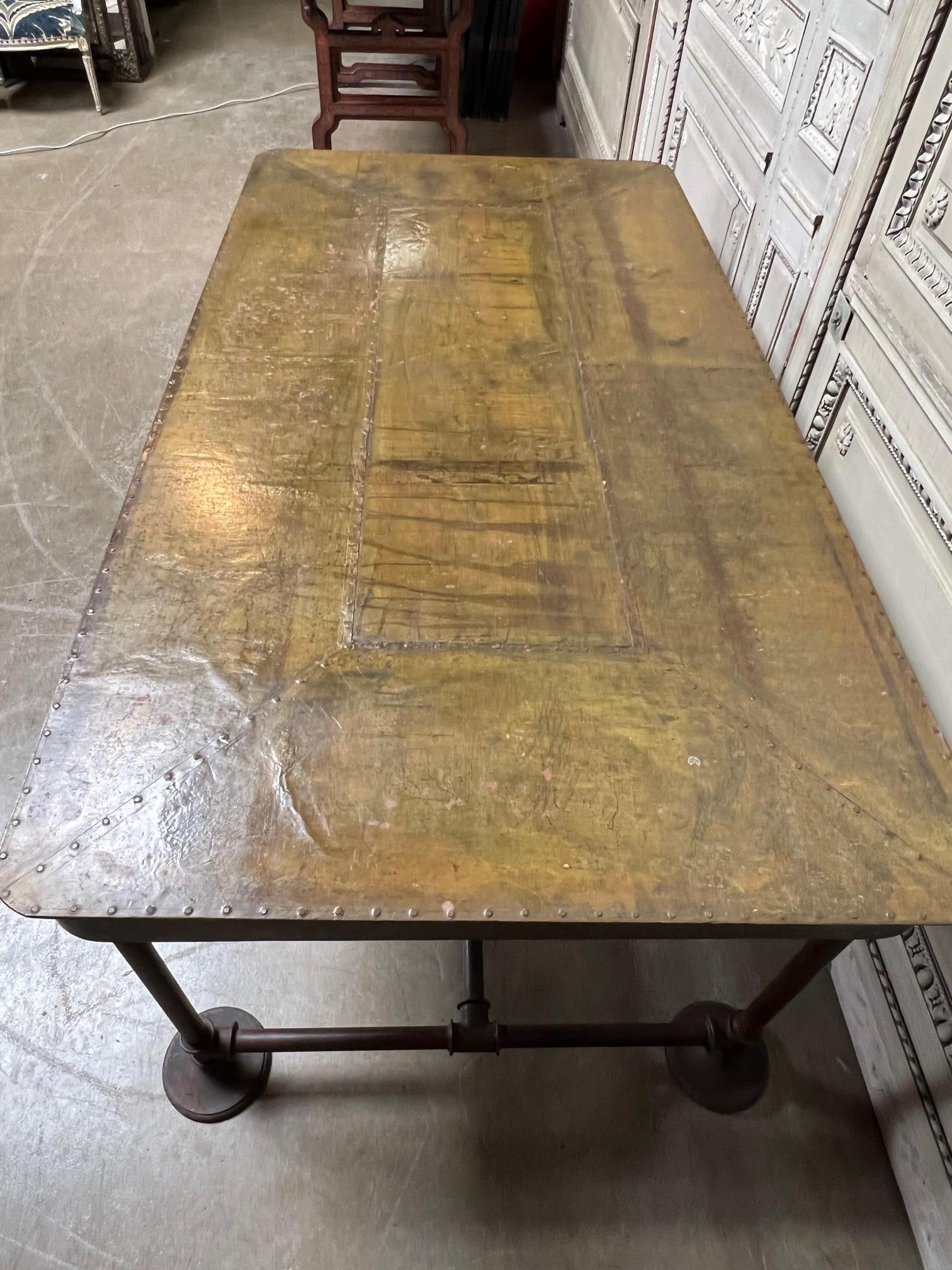 Industrial Iron Desk Work Table with a Brass Top at 1stDibs