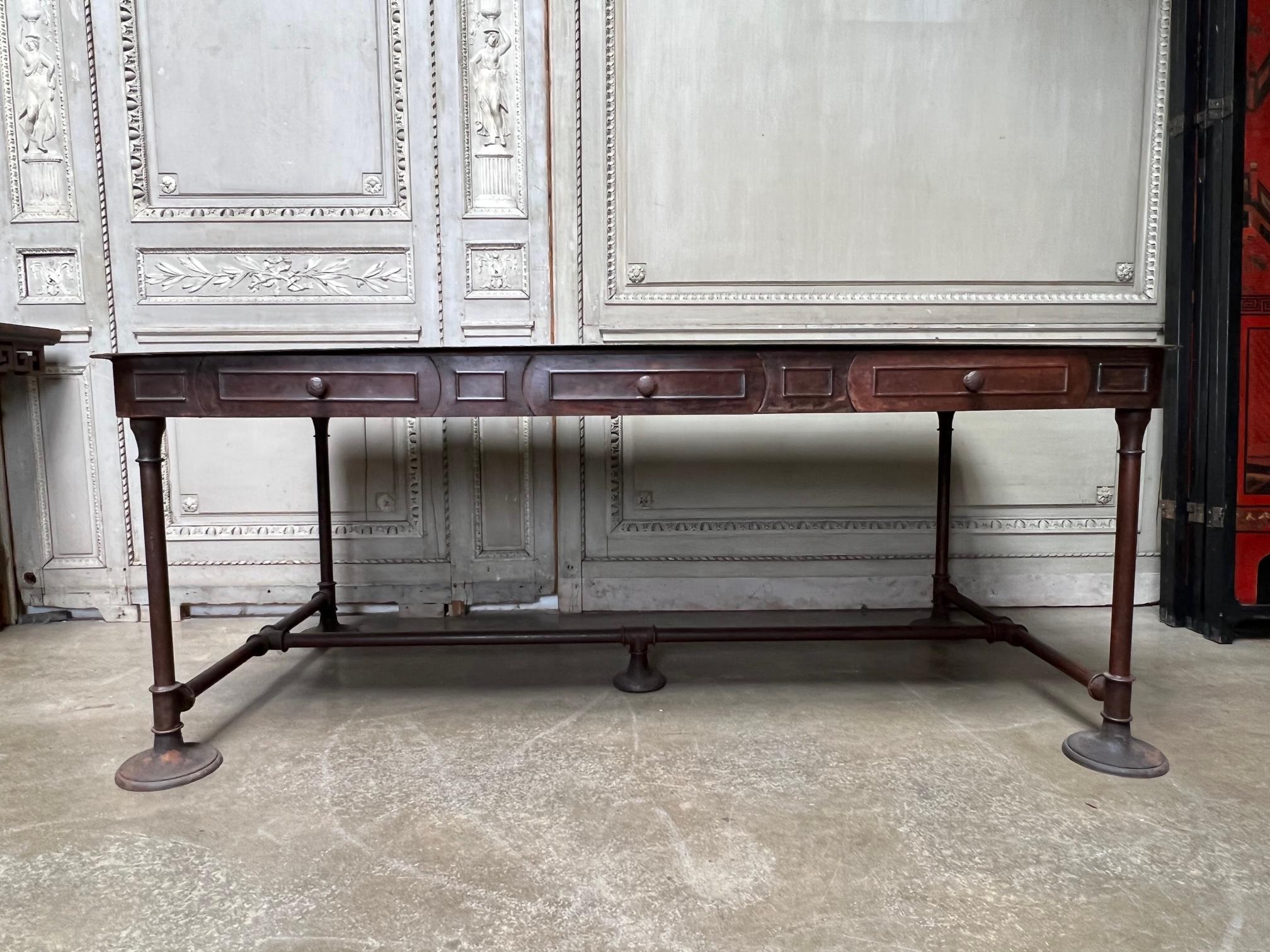 Industrial Iron Desk Work Table with a Brass Top at 1stDibs