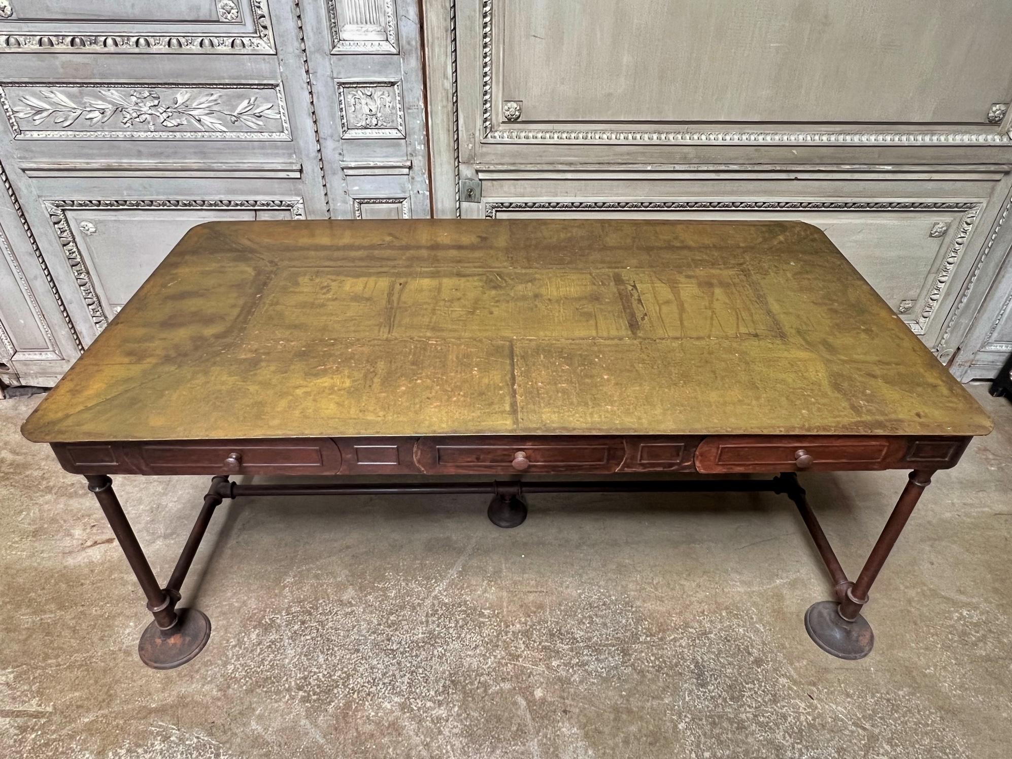 Industrial Iron Desk Work Table with a Brass Top at 1stDibs