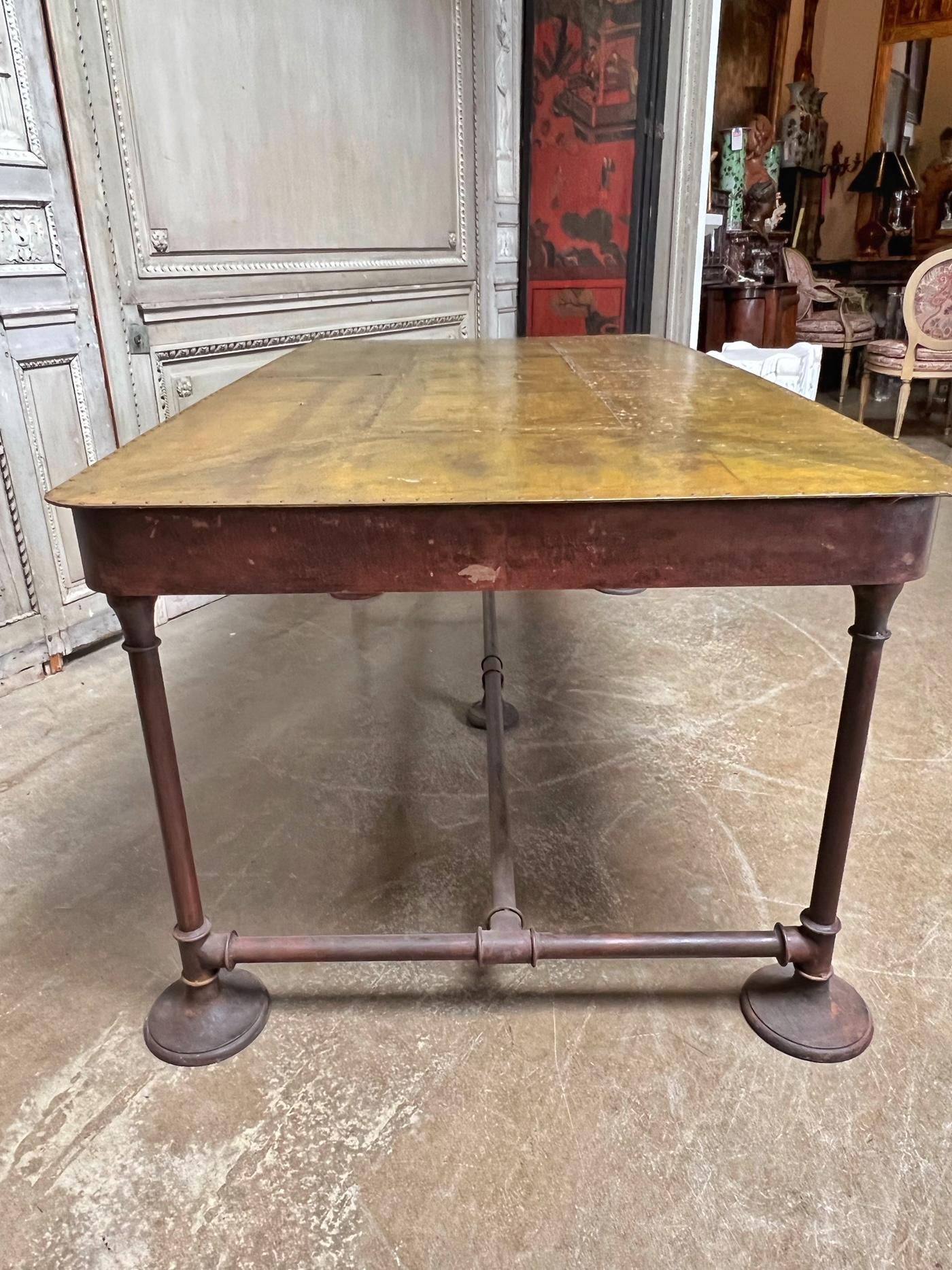 Industrial Iron Desk Work Table with a Brass Top at 1stDibs