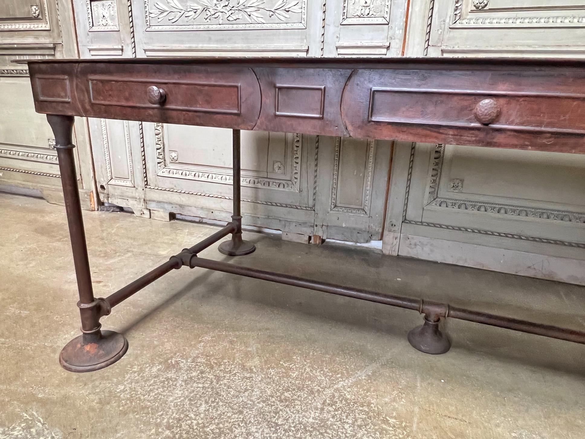 Industrial Iron Desk Work Table with a Brass Top at 1stDibs