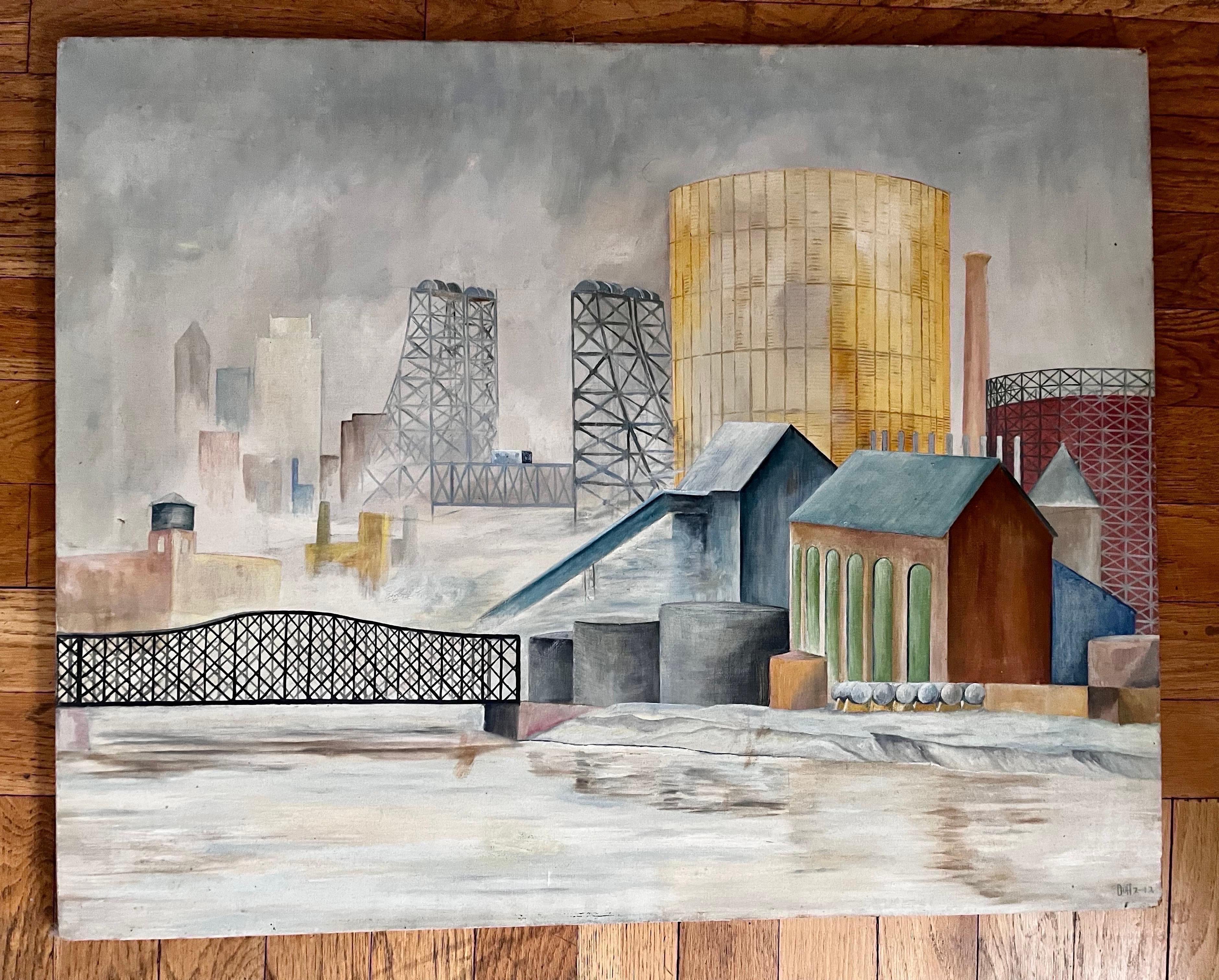 Industrial Landscape Painting, signed Duff, 1942 For Sale at 1stDibs