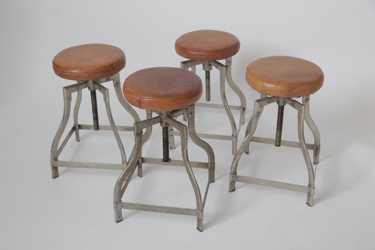 Industrial Leather and Steel Adjustable Stools at 1stDibs