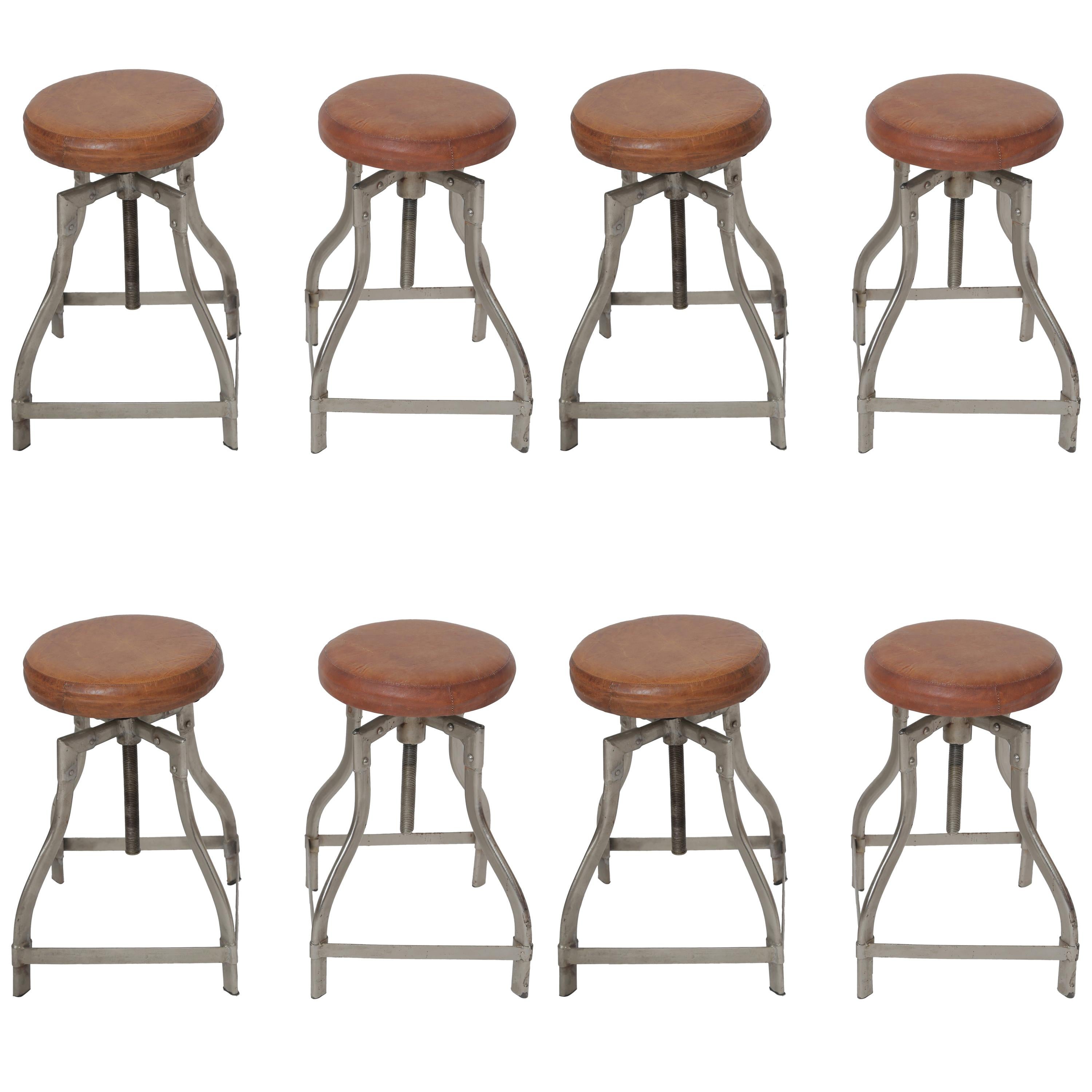 Industrial Leather and Steel Adjustable Stools at 1stDibs